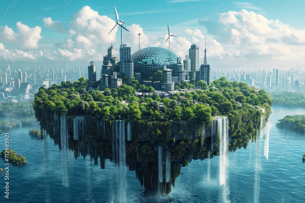 Futuristic floating island with renewable energy sources and urban ...