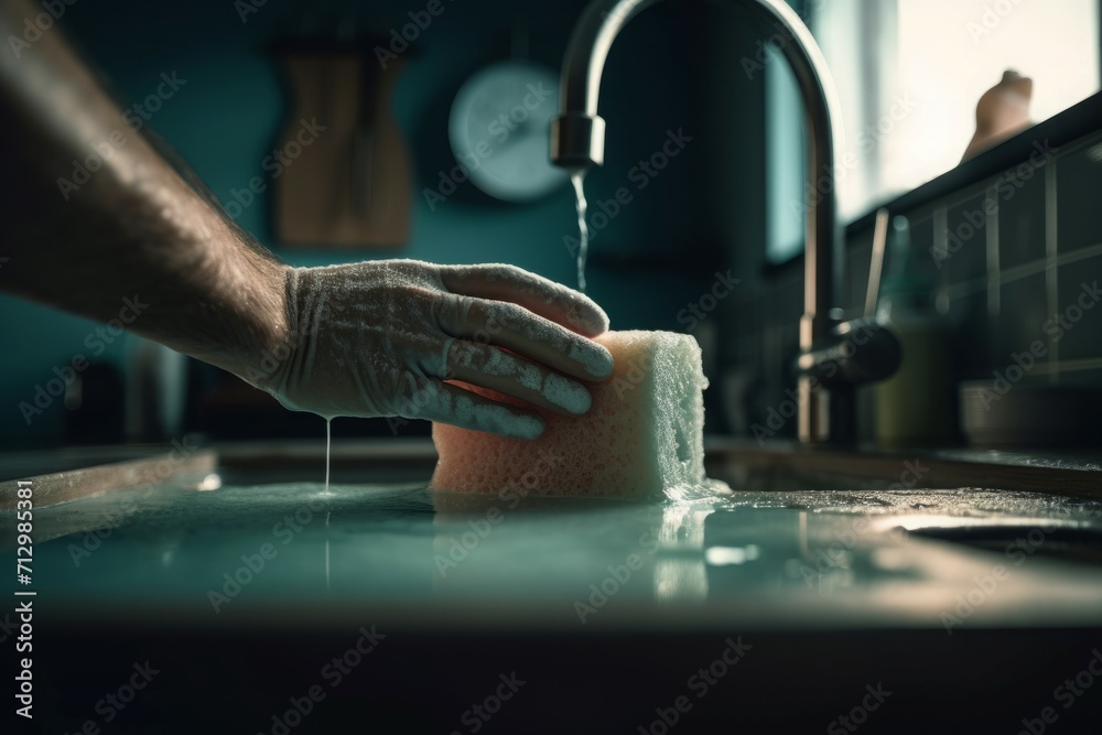 Hand wiping kitchen counter and sink. Domestic housekeeping cleaning ...