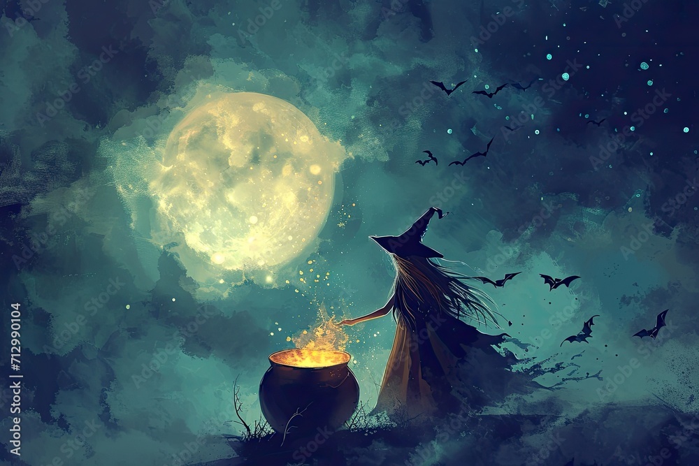A witch stirring a cauldron with a full moon and bats in the night sky ...