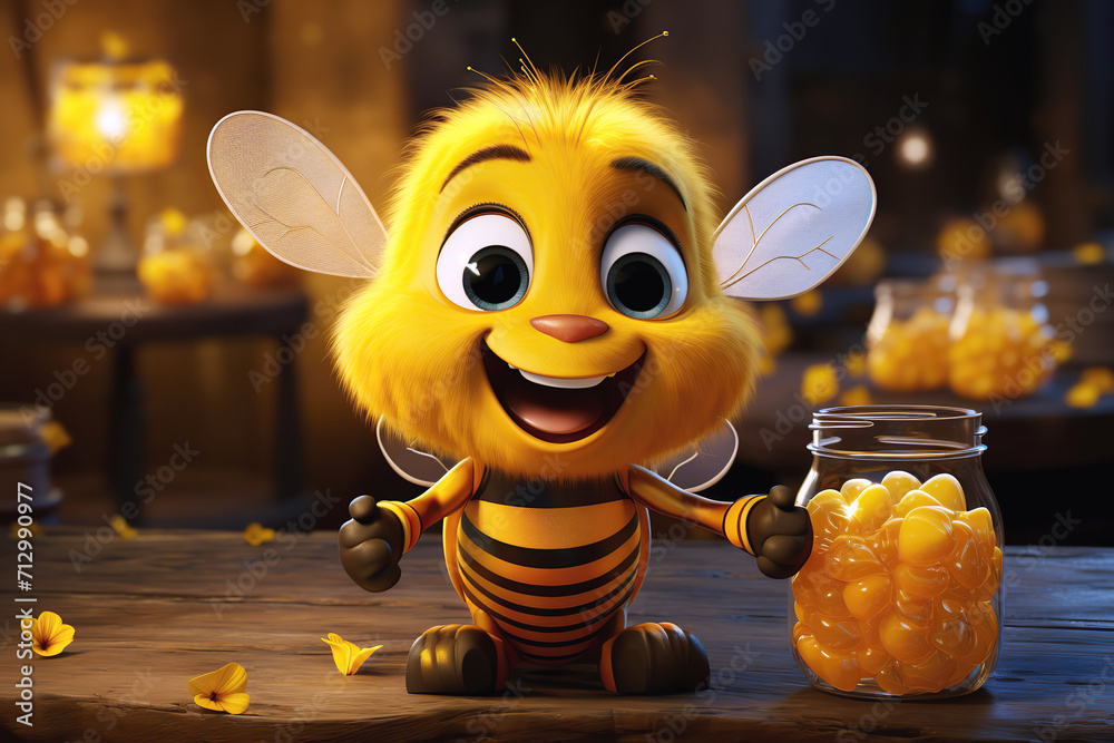 cartoon character cute happy smiling bee with honey. Concept for honey ...