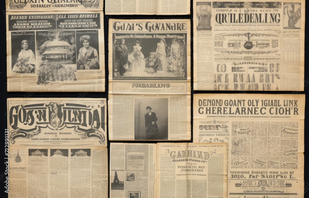 old newspapers or newspaper clippings, reflecting historical events ...