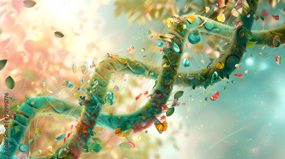 the DNA helix as an abstract tapestry of life, blending elements of ...