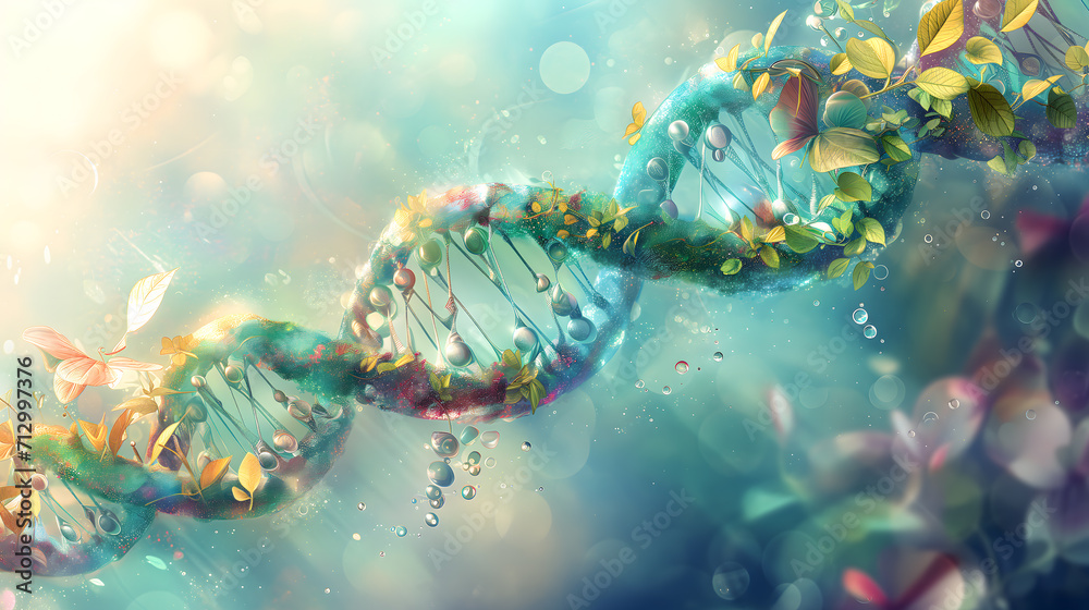 the DNA helix as an abstract tapestry of life, blending elements of ...