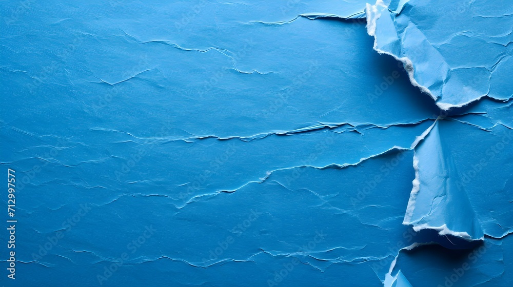 Blank blue crumpled torn paper piece on wrinkled blue paper background ...