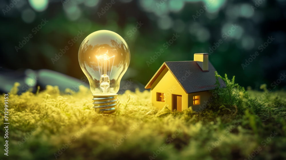 Small house model and light bulb on the ground for real estate idea ...