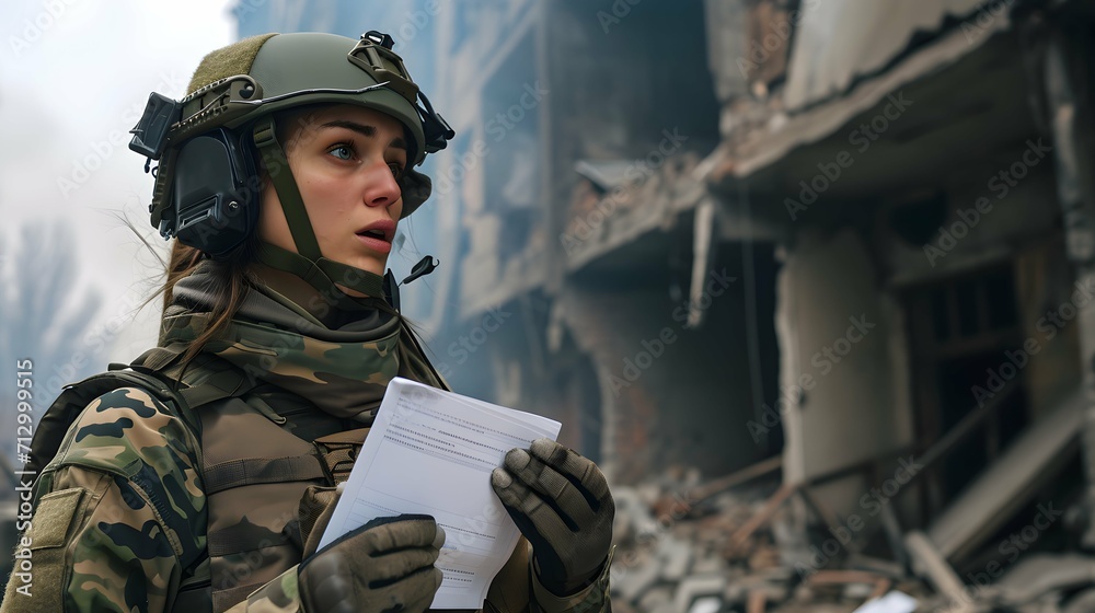 female military correspondent in a helmet and bulletproof vest is ...
