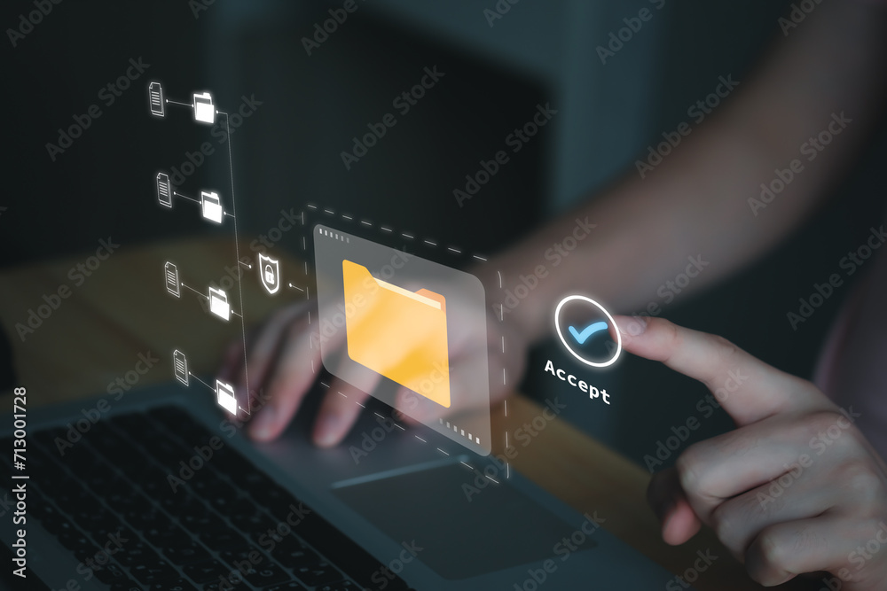 Businessman using computer laptop and touch on virtual correct check ...