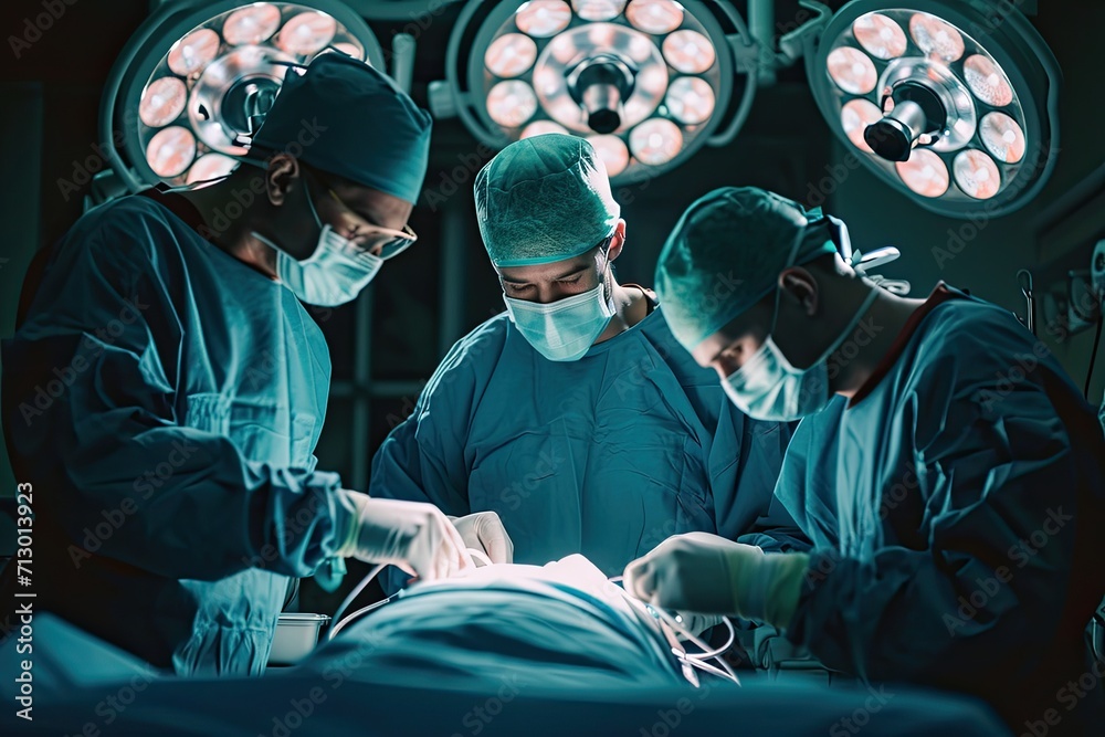 Professional surgeons in uniform bent over a patient lying on operating ...