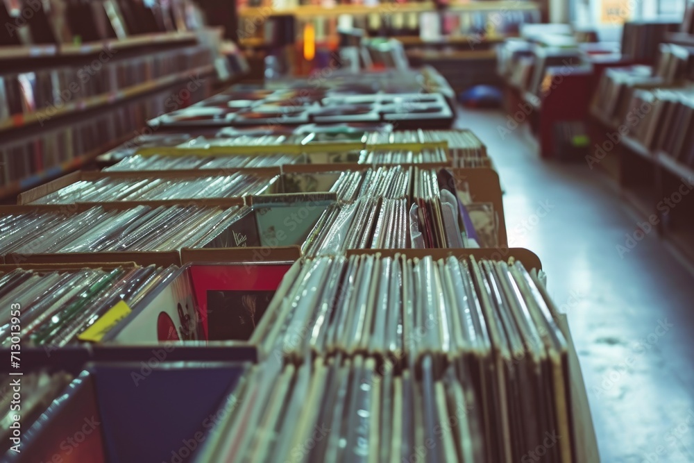 Vintage record store with rows of vinyl records and cassette tapes Stock Photo | Adobe Stock