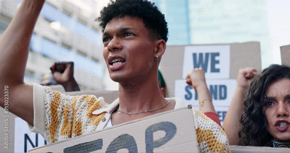 Protest, people and group with posters, screaming and equal rights with ...