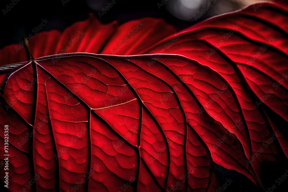 An exceptional close-up showcasing the fascinating details of a single red leaf. The flawless ...