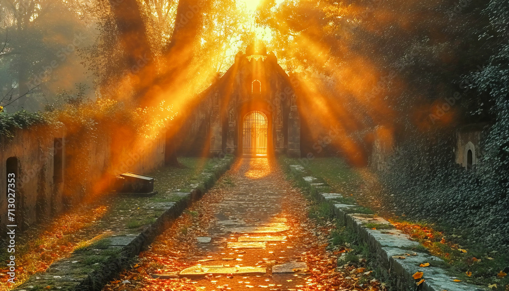 Ancient cemetery with light and shadow that represents the atmosphere ...