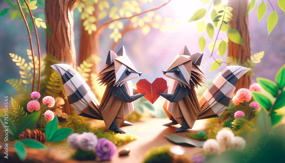 Playful origami tanuki sharing a heart-shaped leaf in a whimsical ...