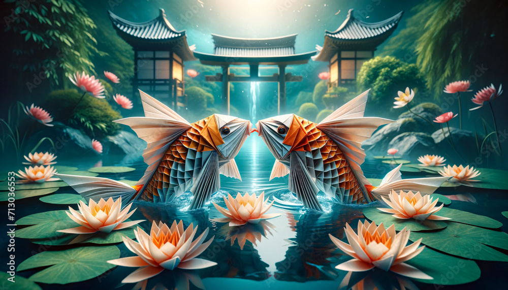 Intricate origami koi fish sharing a gentle kiss underwater, embodying ...