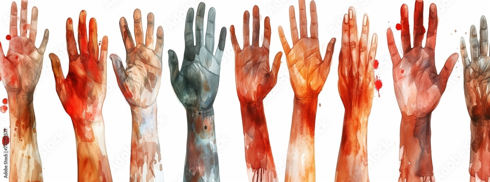 Series of hands, hand-drawn and painted sketch, watercolor and pencil ...