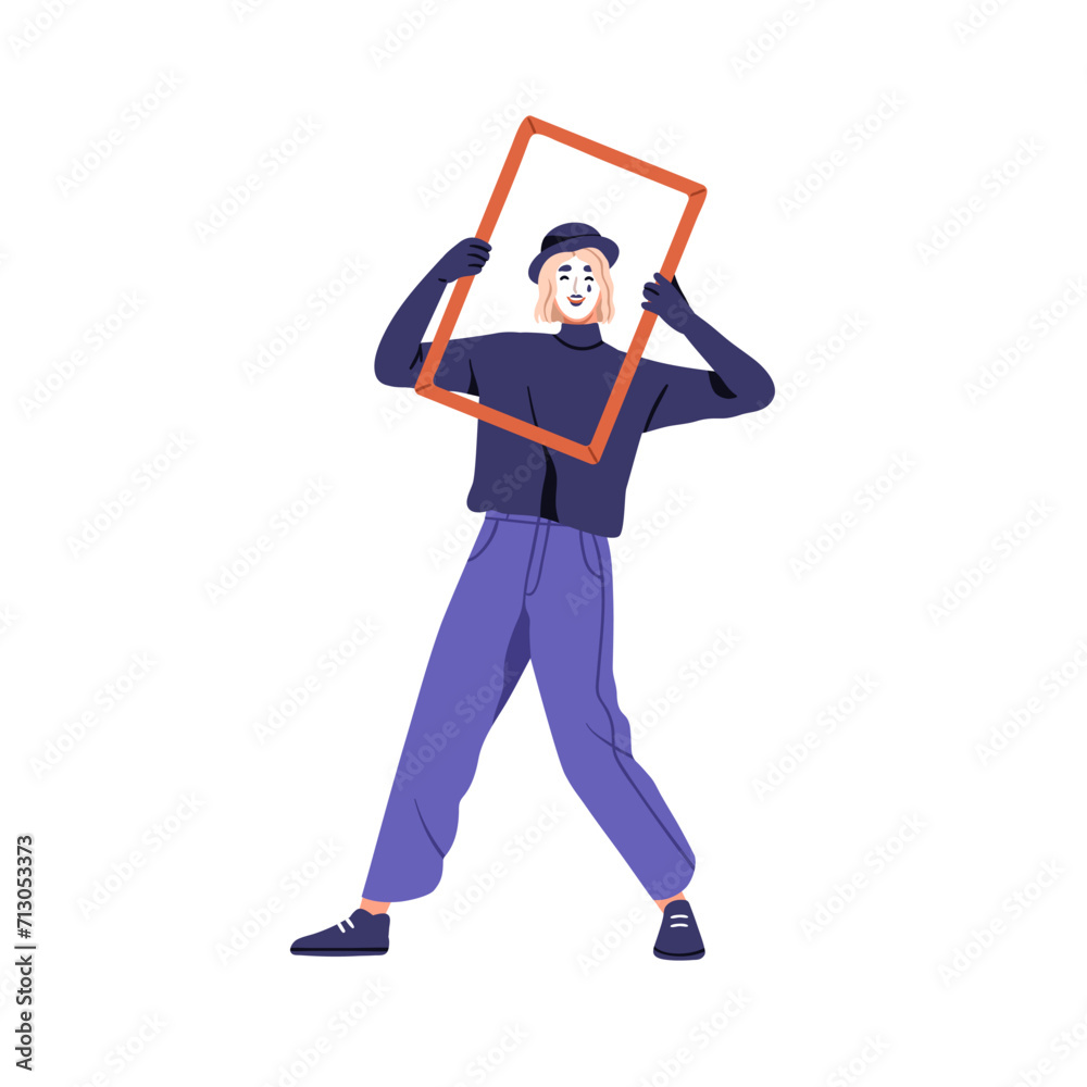 French mime, comic mimic actor, street performer. Happy silent dumb ...