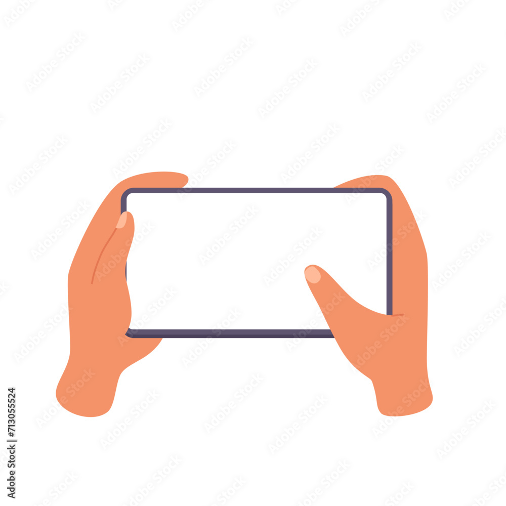 Hands hold horizontally mobile phone with blank screen. People arms are ...