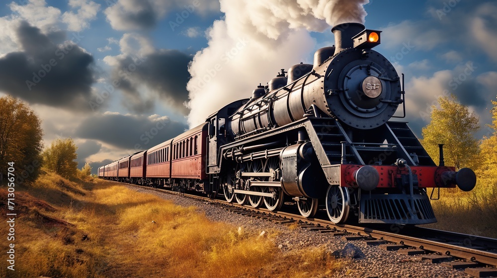 Locomotive. Steam train with white smoke. Steam train on railway track ...