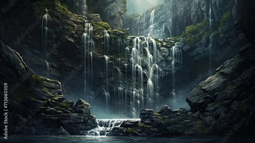 Magnificent waterfall flows down a rocky cliffside. Impressive cascade ...