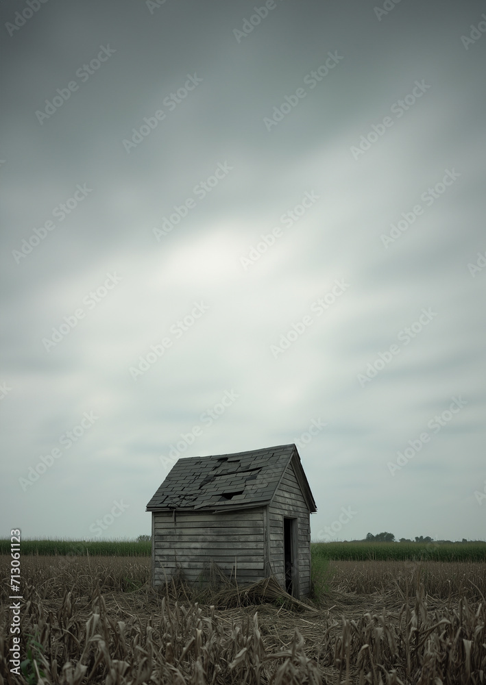 Lonely Abandoned Shack in a Barren Field - A Moody Scene for ...