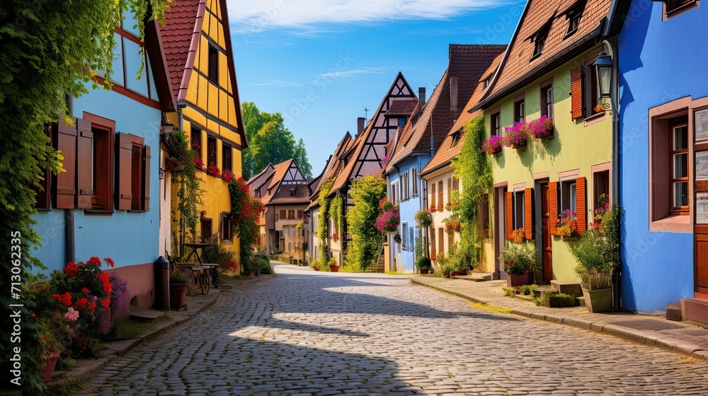 Old-fashioned village graced with cobblestone streets. Quaint streetscape, historic charm ...