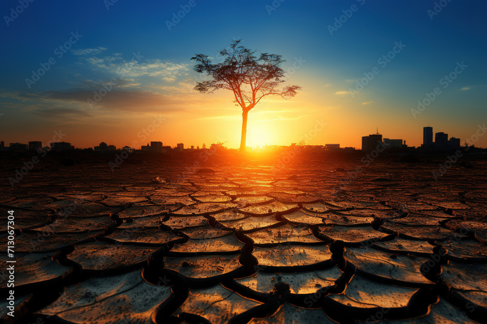 Lone tree amidst the cracked earth at sunset in a drought affected ...