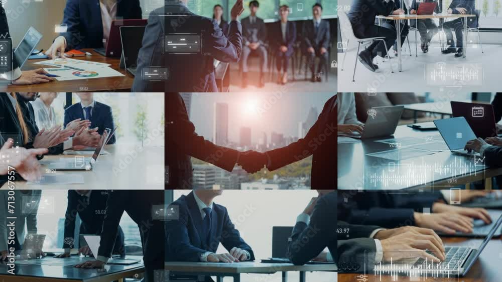 Collage videos of various business scenes and digital technology ...