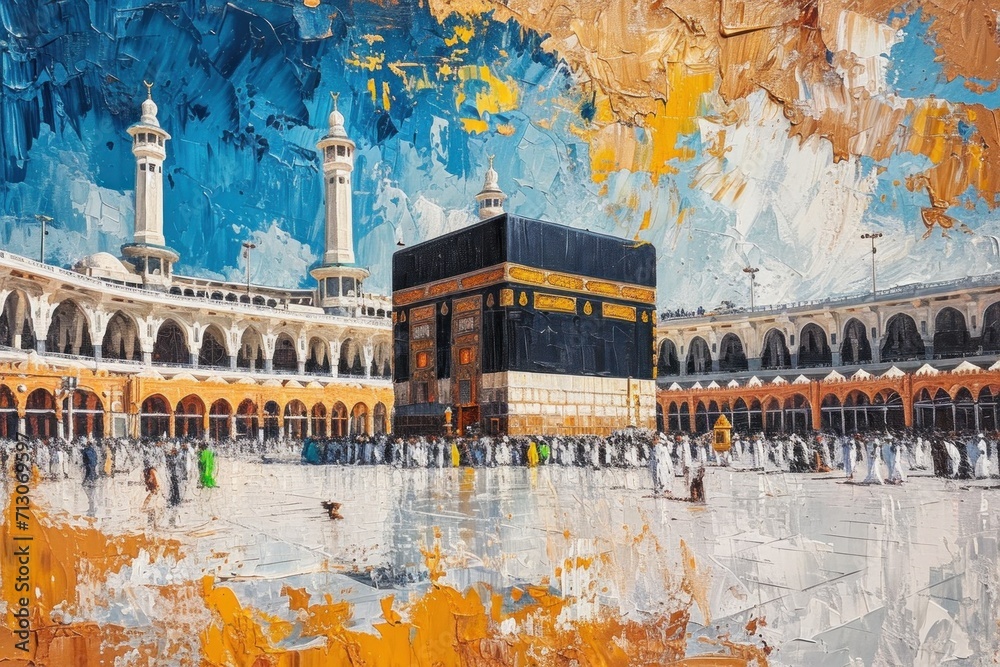 painting. Drawing of the Kaaba prayer in Mecca, back view. A holy place ...
