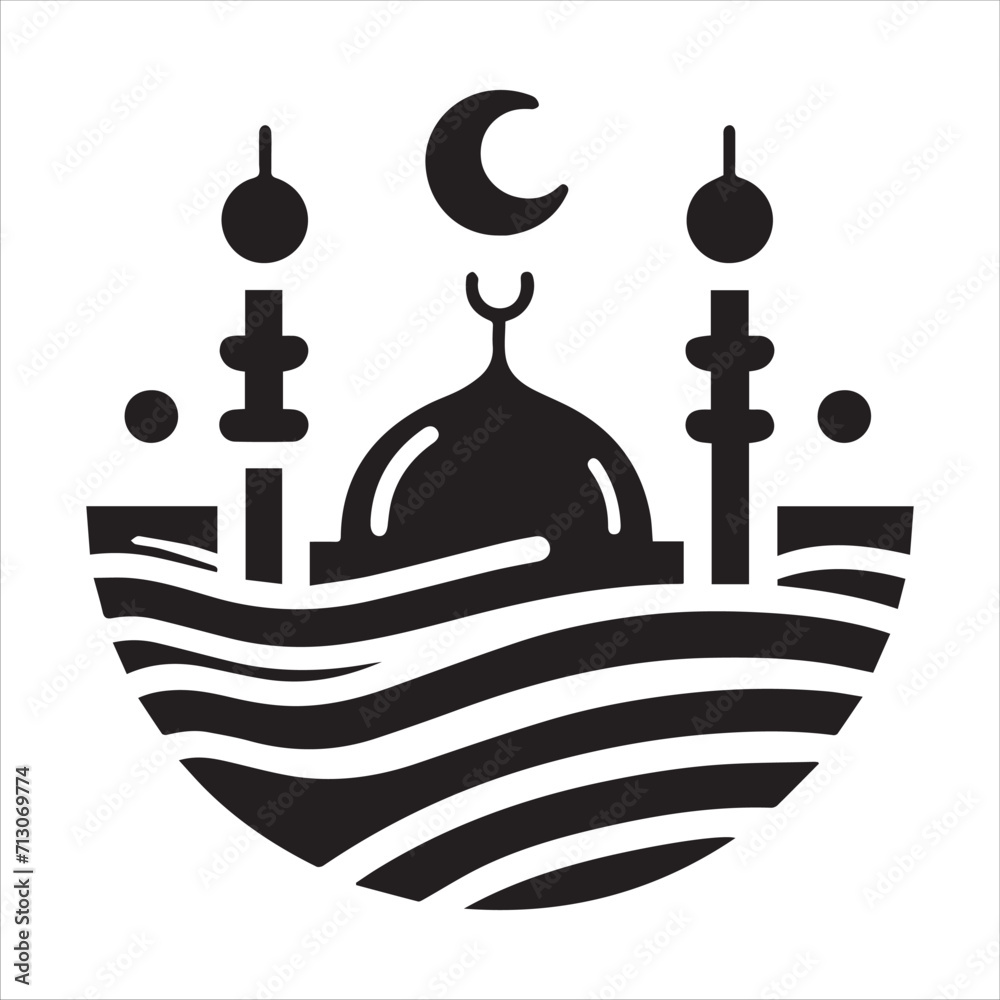 Islamic mosque icon set. Muslim masjid with dome and minaret in black ...