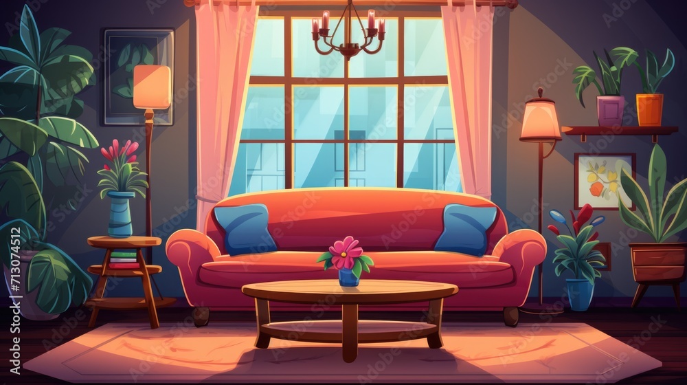 Traditional modern living room interior illustration in cartoon style ...
