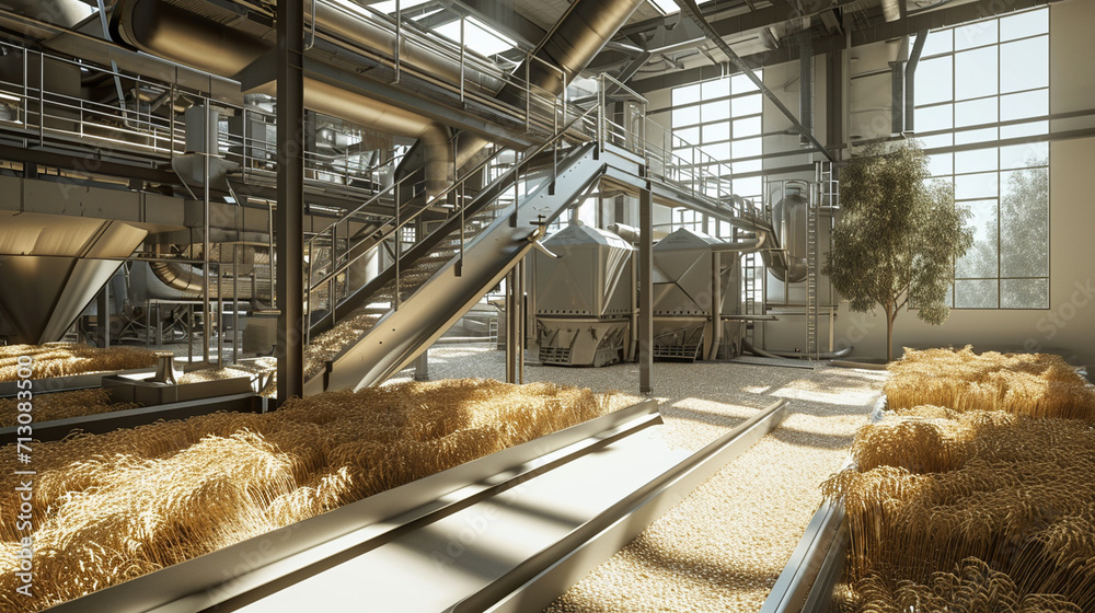 An immersive scene of a modern rice mill in operation, with machinery ...