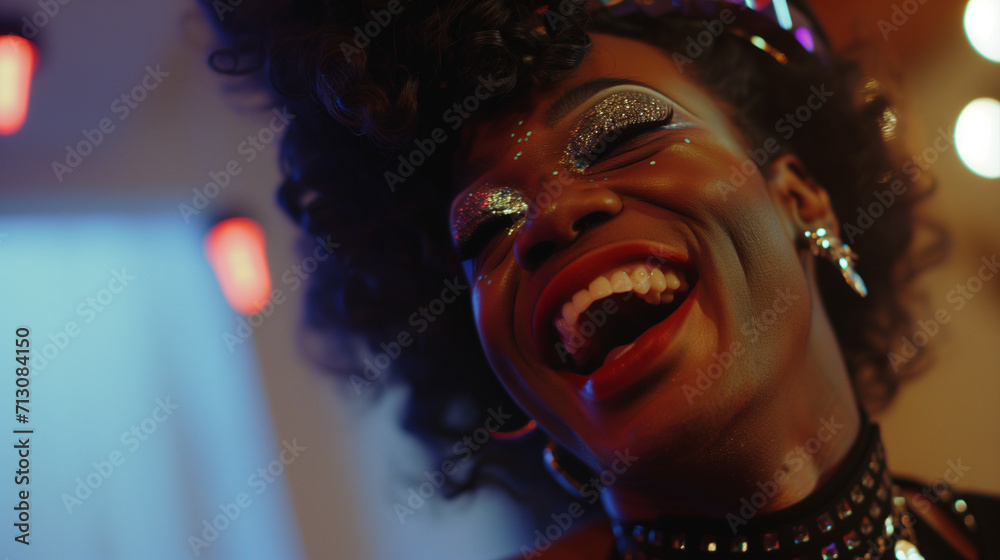 Candid and beautiful black african american queer drag queen woman with ...