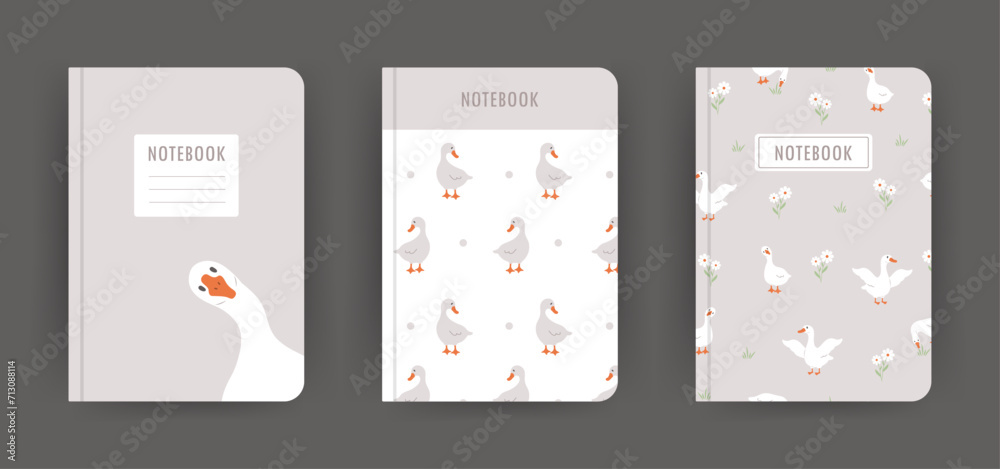 Cover page notebook collection. Templates with cute farm gooses ...