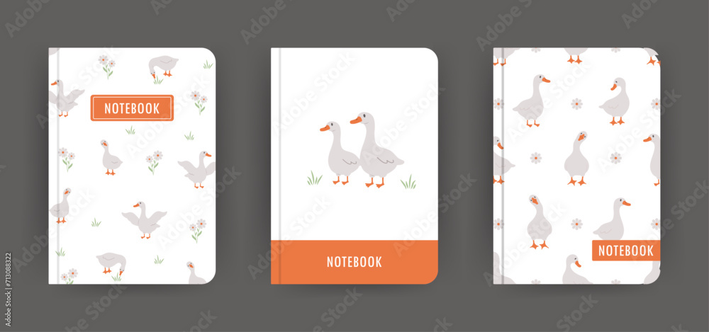 Cover page notebook collection. Templates with cute farm gooses ...