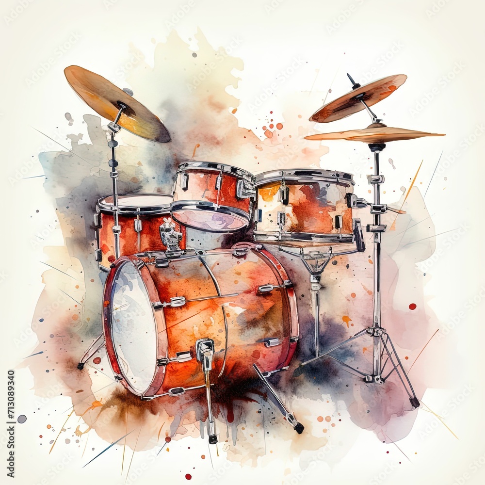 Watercolor drum set isolated on white, musical instrument collection ...