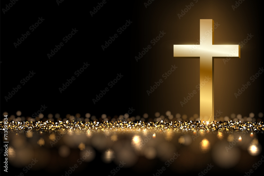 Christian gold cross and glitter of golden particles, realistic holy ...
