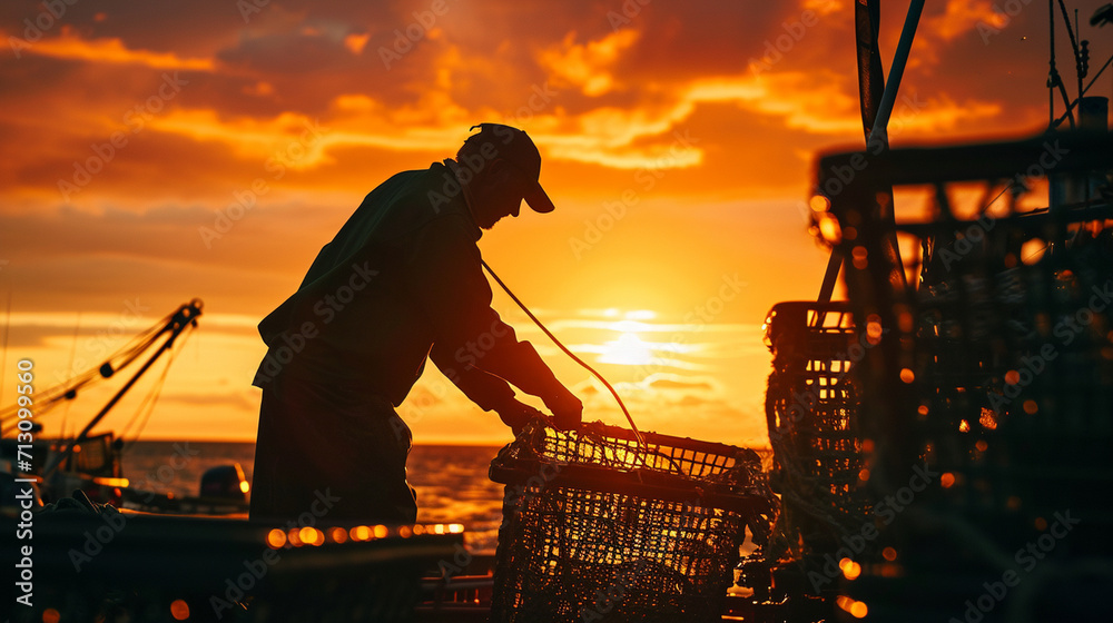 An atmospheric shot of a lobster fisherman in silhouette against a ...