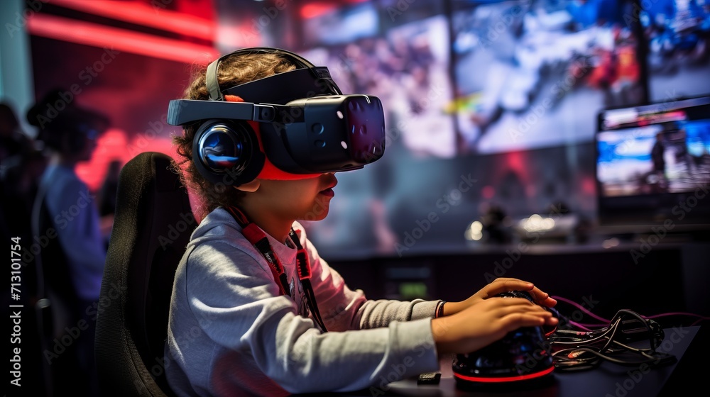 Child in VR gear at a modern esports booth, learning while playing ...
