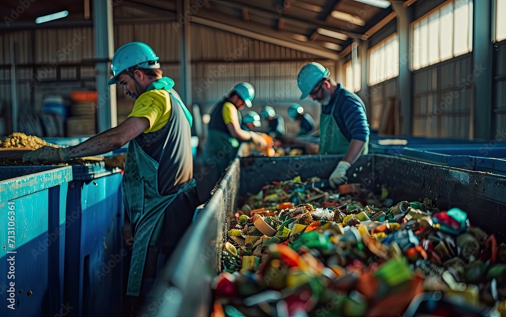 Workers sorting food waste at a recycling facility, emphasizing ...