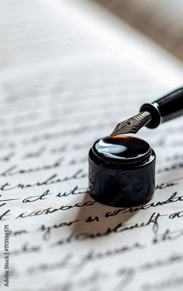 Fountain pen resting on handwritten document paper. Banner with empty ...