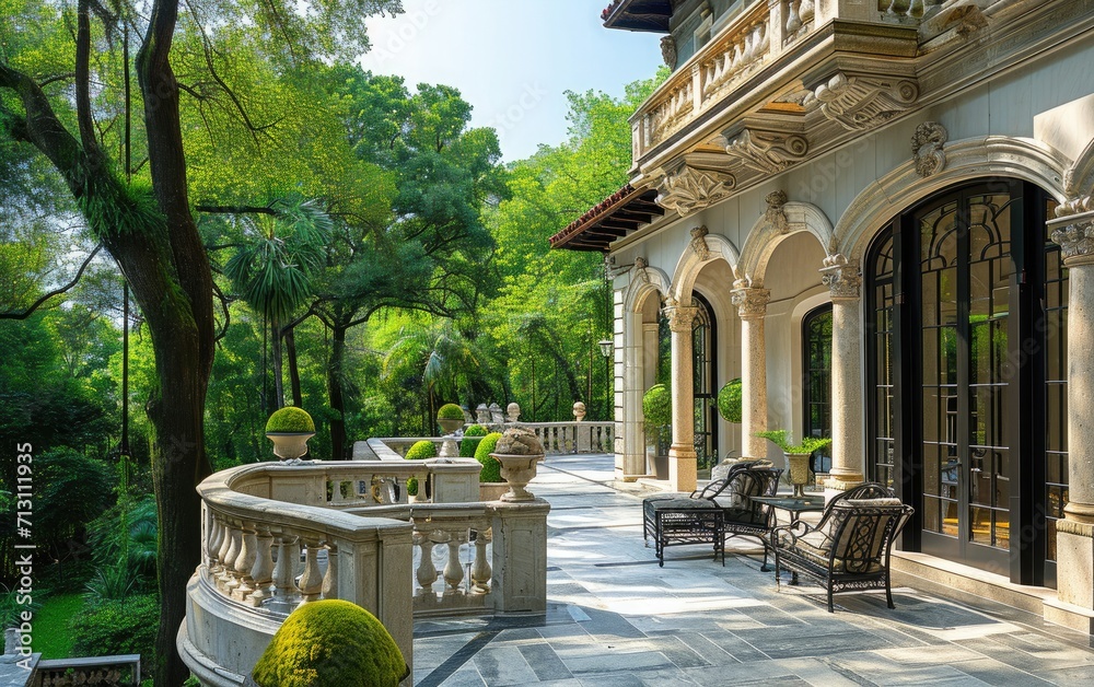 Moss-Crafted Mansion Terrace. A terrace or balcony of a mansion adorned ...