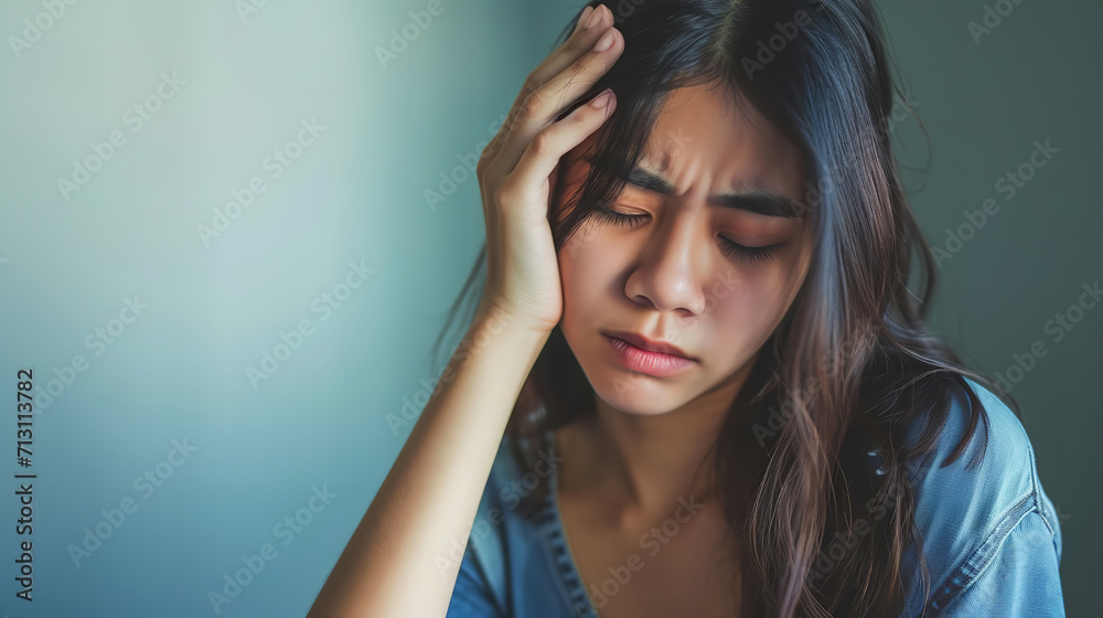 Sad tired young asian woman touching forehead having headache migraine ...