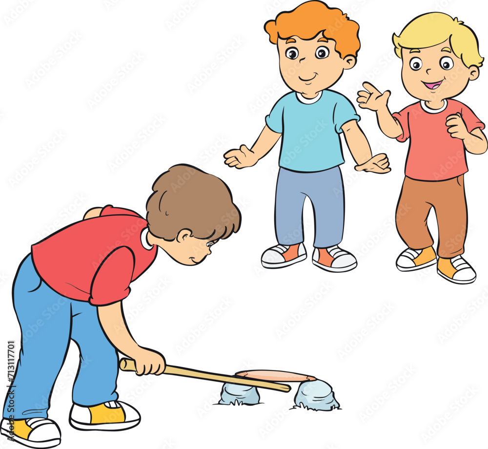 Kids playing old cultural game outside. Steel rod game. Children ...