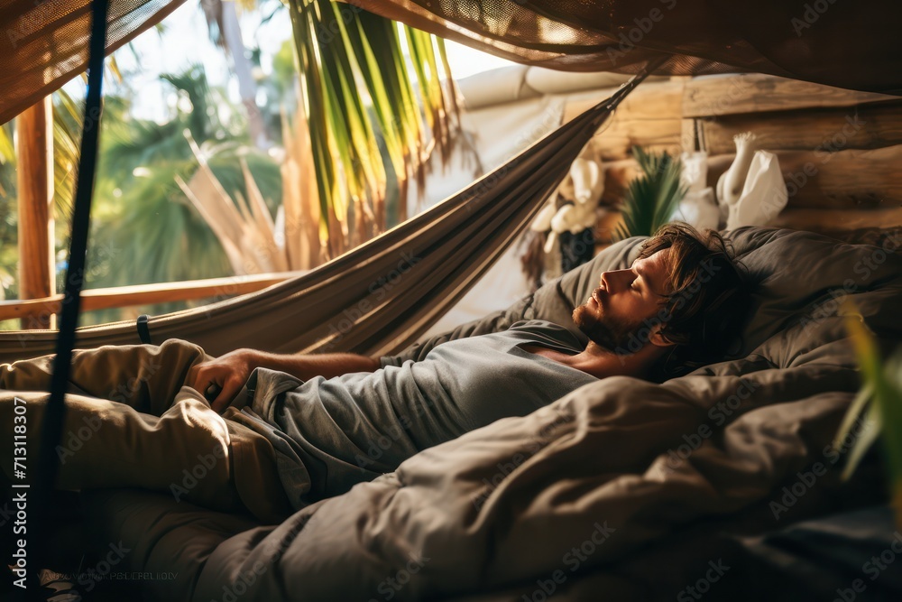 guy napping in hammock in glamping, hostel or coliving with palm trees ...
