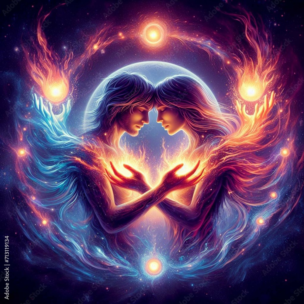 Twin flame couple. Soulmates. The concept of magical, esoteric, tantric ...