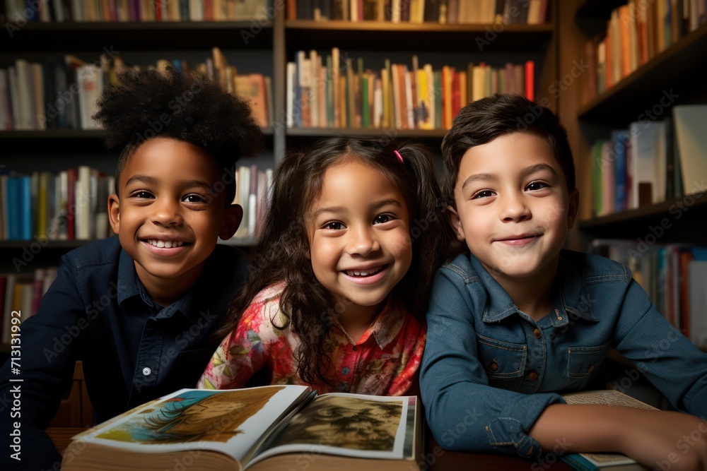 diverse kids at school library together. Inclusive school education ...