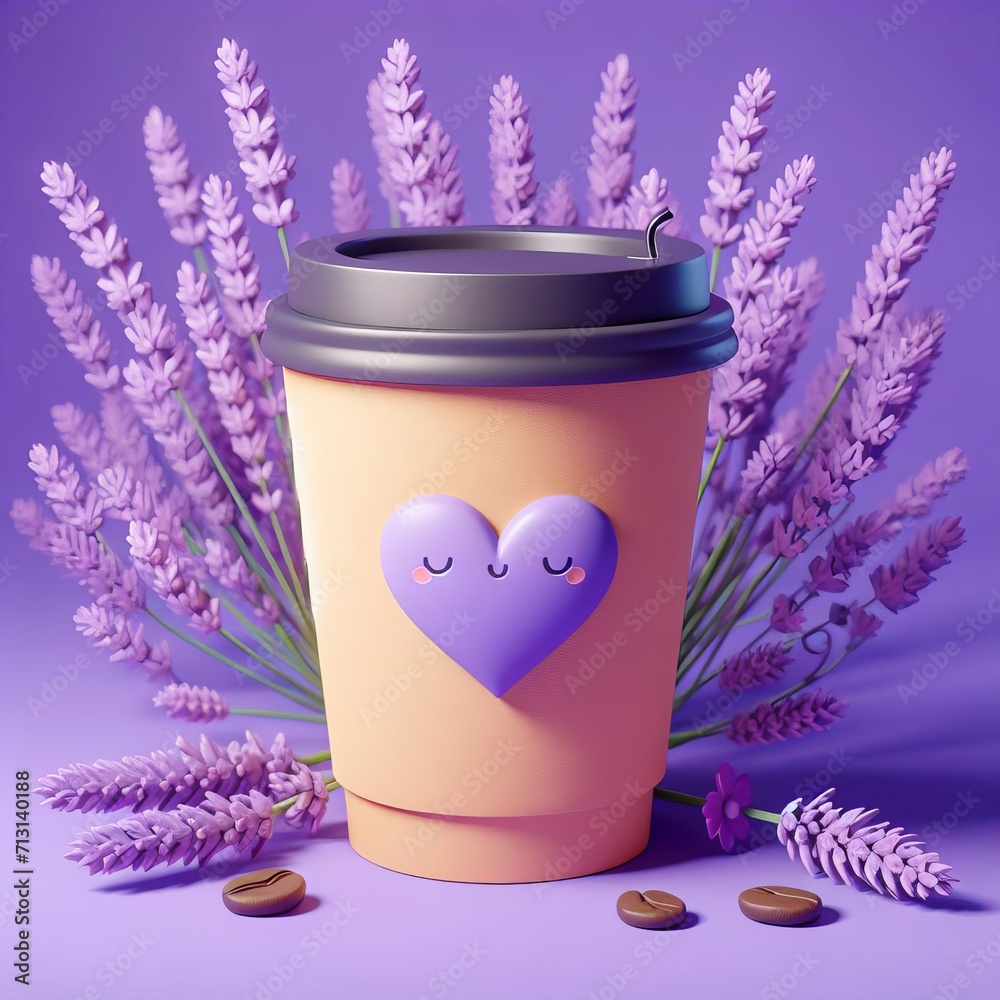 Paper cup of coffee fly with violet heart, with lavender, 3d ...