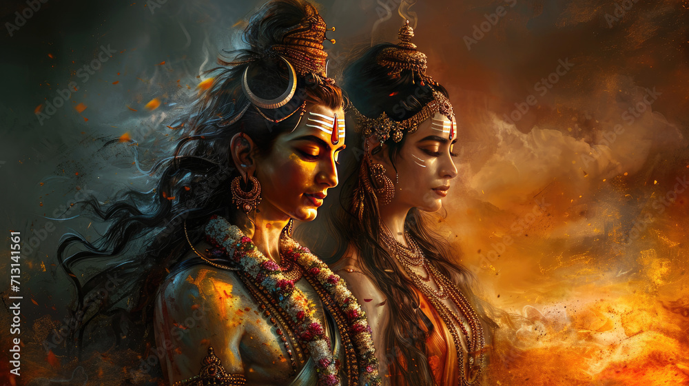 Shiva and parvati facing fire in meditative abstract art concept Stock ...