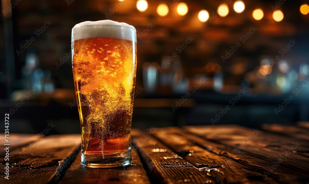 Refreshing cold draft beer in a tall glass with a frothy head, golden ...