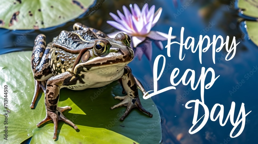 Leap Day 29 February 2024 greeting card with green frog on a water lily ...